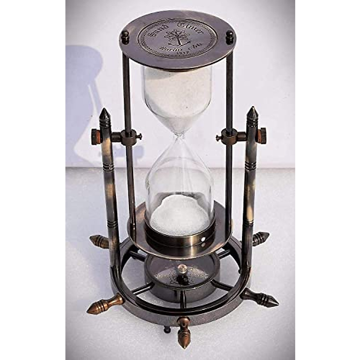 Nautical Maritime Black Antique Full Brass Sand Timer Hourglass with Wheel Compass Base Brass Antique Sand Timer Hourglass with Wheel Compass Base & Hanging Decor Item