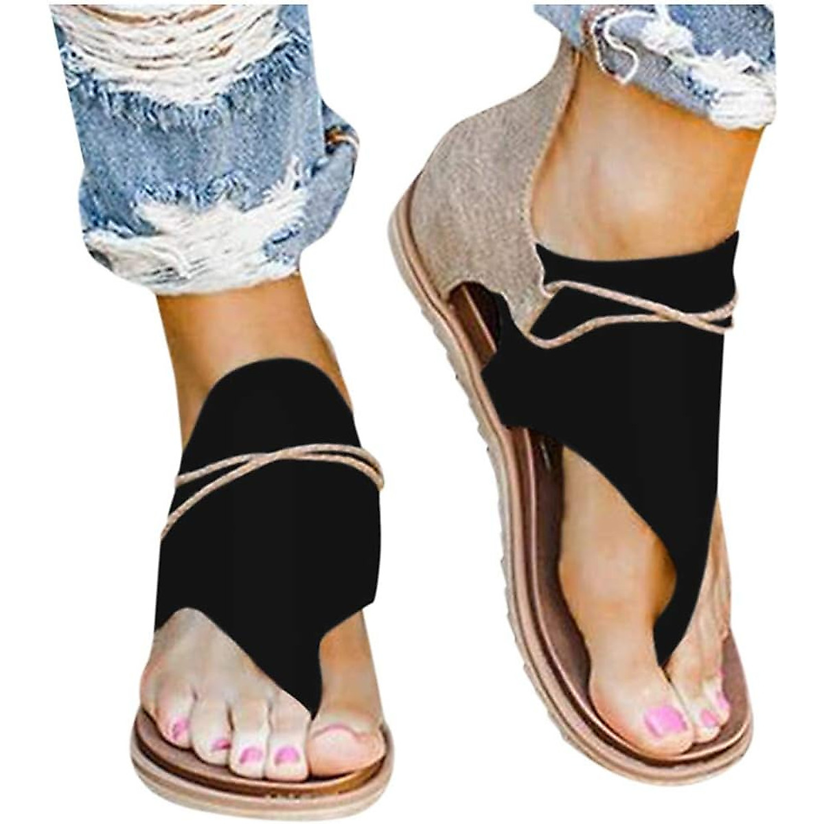 FABIURT Sandals for Women Roman Sandals Slip-On Ankle Strap Flip Flop Open Toe Casual Summer Beach Gladiator Flat Sandal