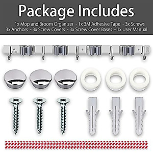 Garnen Mop and Broom Organizer (4 Racks 5 Hooks), Heavy Duty Broom Wall Mount Rake Holder Stainless Steel Tool Hanger for Home, Kitchen, Garage, Garden, Laundry Room, Bathroom Organization and Storage