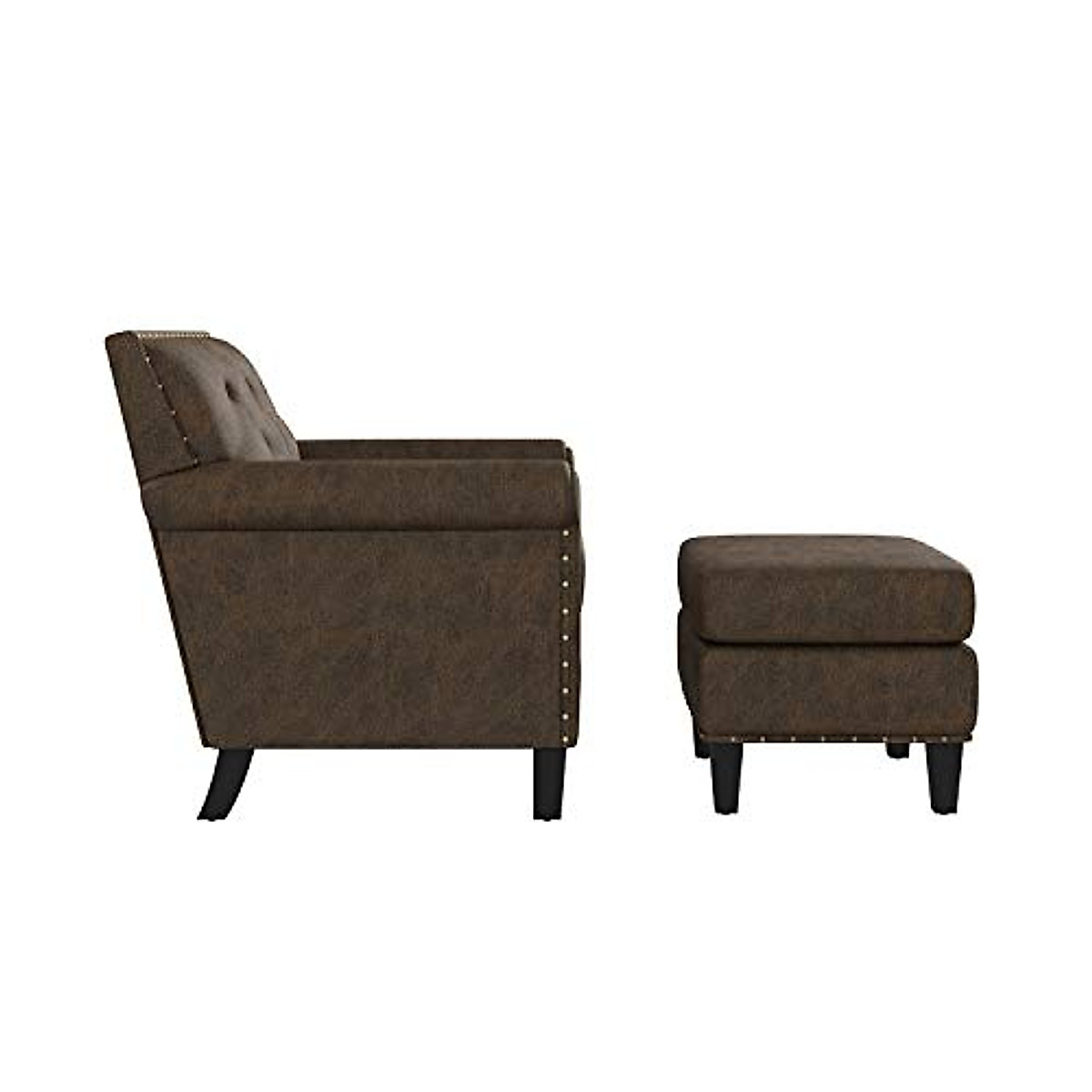 Domesis Button Tufted Rolled Arm Chair and Ottoman in Distressed Brown Faux Leather