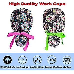 YUESUO 2 Pack Working Cap with Buttons and Sweatband,Cotton Working Hats with Adjustable Ponytail Pack Ribbon Tie Back Hats for Women & Men,Long Hair Head Covers Shower Caps (Q)