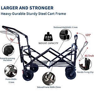Collapsible Wagon Heavy Duty Folding Wagon Cart with Removable Canopy, 4" Wide Large All Terrain Wheels, Brake, Adjustable Handles,Cooler Bag Utility Carts for Outdoor Garden Wagons Carts Beach Cart