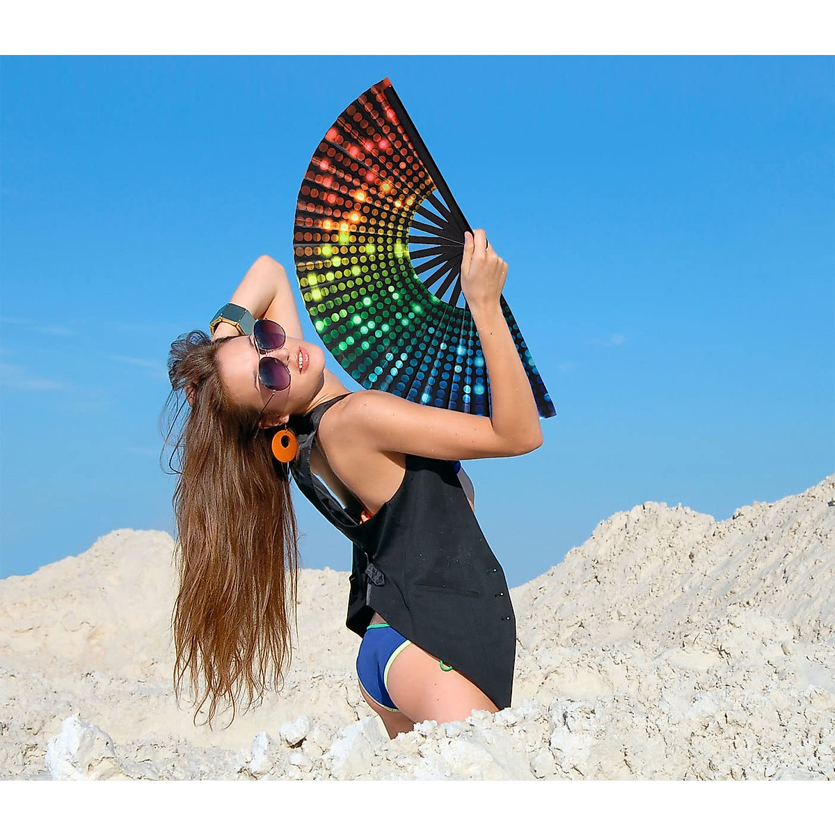 Amajiji UV Glow Rave Folding Hand Fan for Festivals/DragQueen/Burlesque, Large Clack Festival Hand Fan Rave Accessories for WomenWomen/Men (Dj Light)