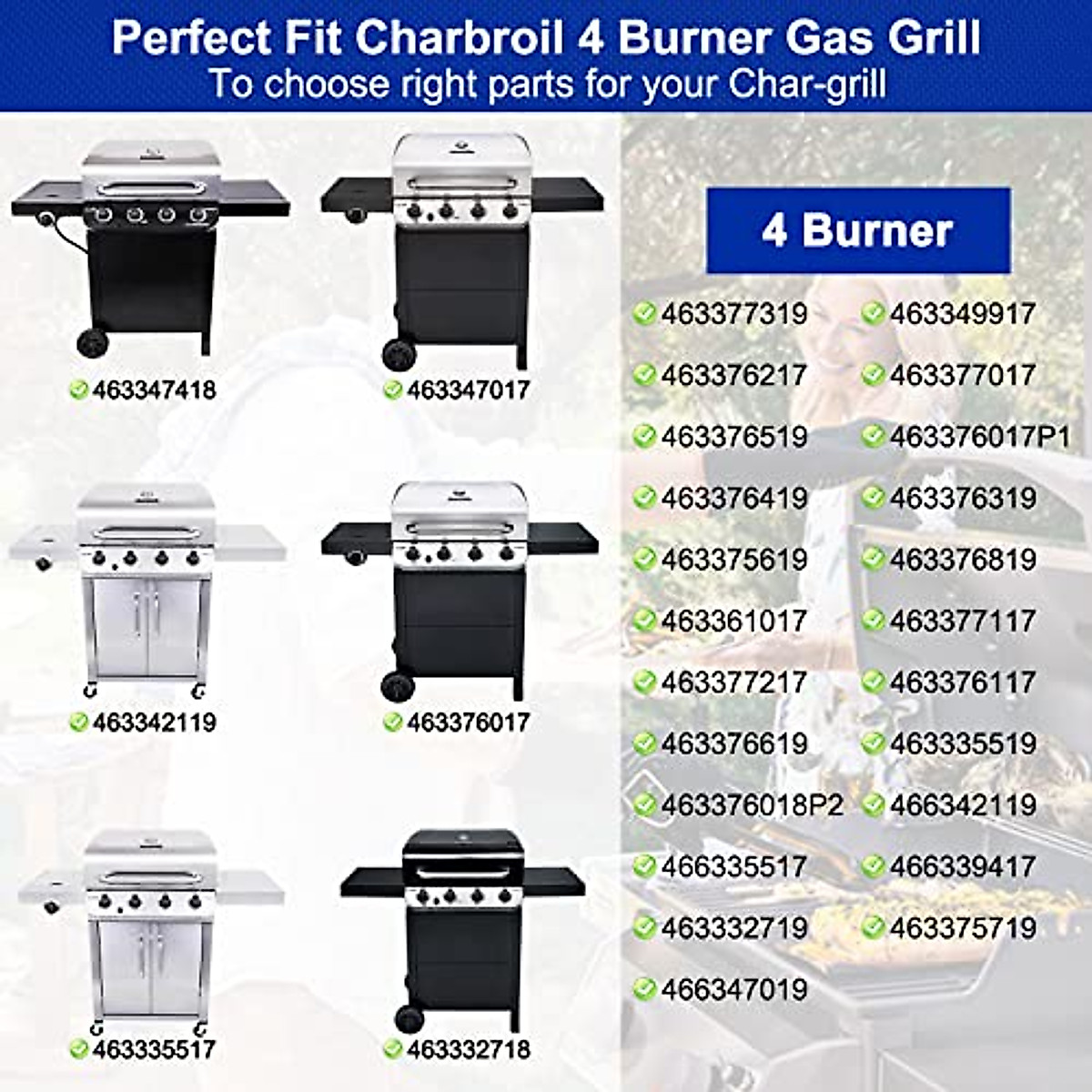 Aibabcue Grill Replacement Parts Kit for Charbroil 4 Burner G470-0004-W1A, G470-5200-W1, 463342119, 463376017, 463335517, 463332718, Stainless Heat Shield Tent, Grill Burner, Carryover Tube, Igniter
