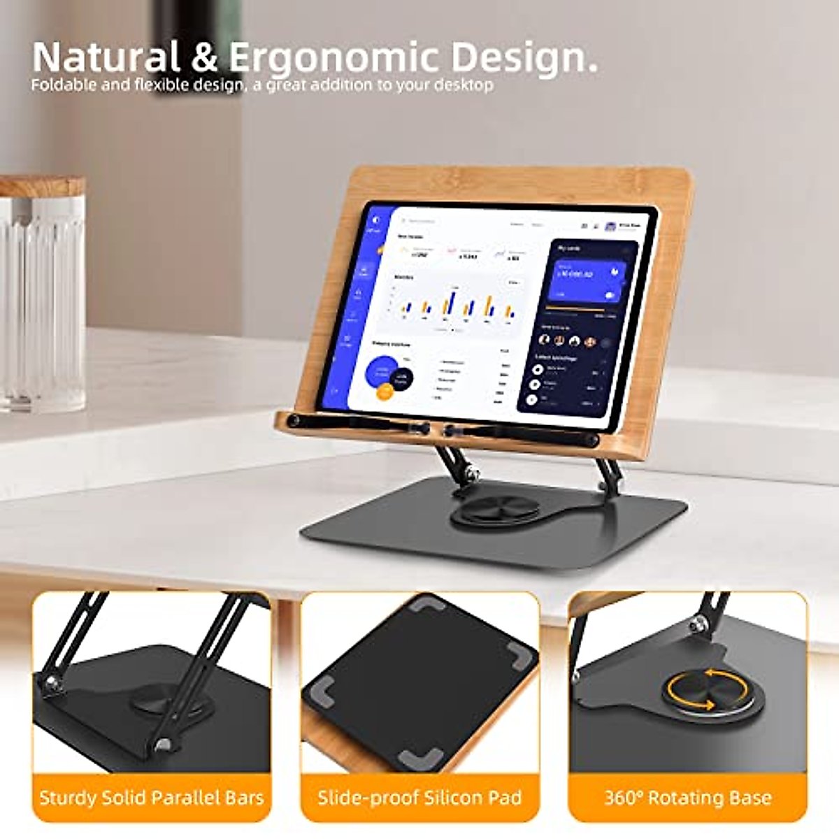 wishacc Book Stand for Reading, 360° Rotating Base & Page Clips, Adjustable Rotating Foldable Bamboo Reading Stand