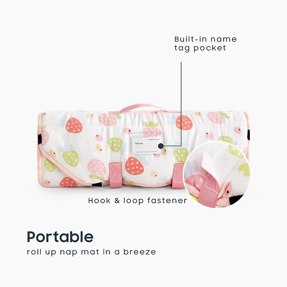 Wake In Cloud - Cot Nap Mat with Pillow and Blanket, for Toddler Kids Boys Girls in Daycare Kindergarten Preschool Pre K with Elastic Corner Straps, Cute Strawberry on Ivory