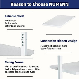 NUMENN Industrial Ladder Shelf, 5 Tier Book Shelf, Open Space Wall Mount Bookshelf with Metal Frame, Sturdy Book Shelves, Bookcase for Living Room, Home Office Shelf, White