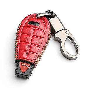 WFMJ Leather for Dodge Ram Charger Durango Grand Caravan Journey Challenger Remote 3 Buttons Key Case Holder Cover Fob Chain (Red)