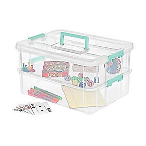 Sterilite Convenient Small Home 2-Tiered Layer Stack Carry Storage Box with Colored Accent Secure Latching Lid, Clear (4 Pack)