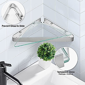 TreeGun Corner Shower Caddy, 2 Pack Glass Corner Shelf, No Drilling Glass Corner Shelf Adhesive Wall Mounted Bathroom Shelf with Aluminum Brackets
