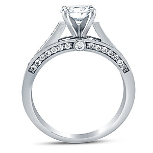 Size 10 - Solid 14k White Gold Round Brilliant Cut Solitaire with Round Side Stones CZ Cubic Zirconia Engagement Ring 1.5ct.