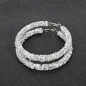 Silver Glitter Hoop Earrings for Women Bohemian Sparkle Resin Rhinestone Wrapped Big Hoop Dangle Earrings Jewelry