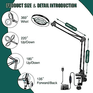 Magnifying Glass with Light Toolour 5X&10X Magnifying Glass Light with 26in Long Arm, 3 Colors Dimming Magnifying Desk Lamp, Lighted Magnifier Glass for Jewelry Close Work Reading Hobby Craft