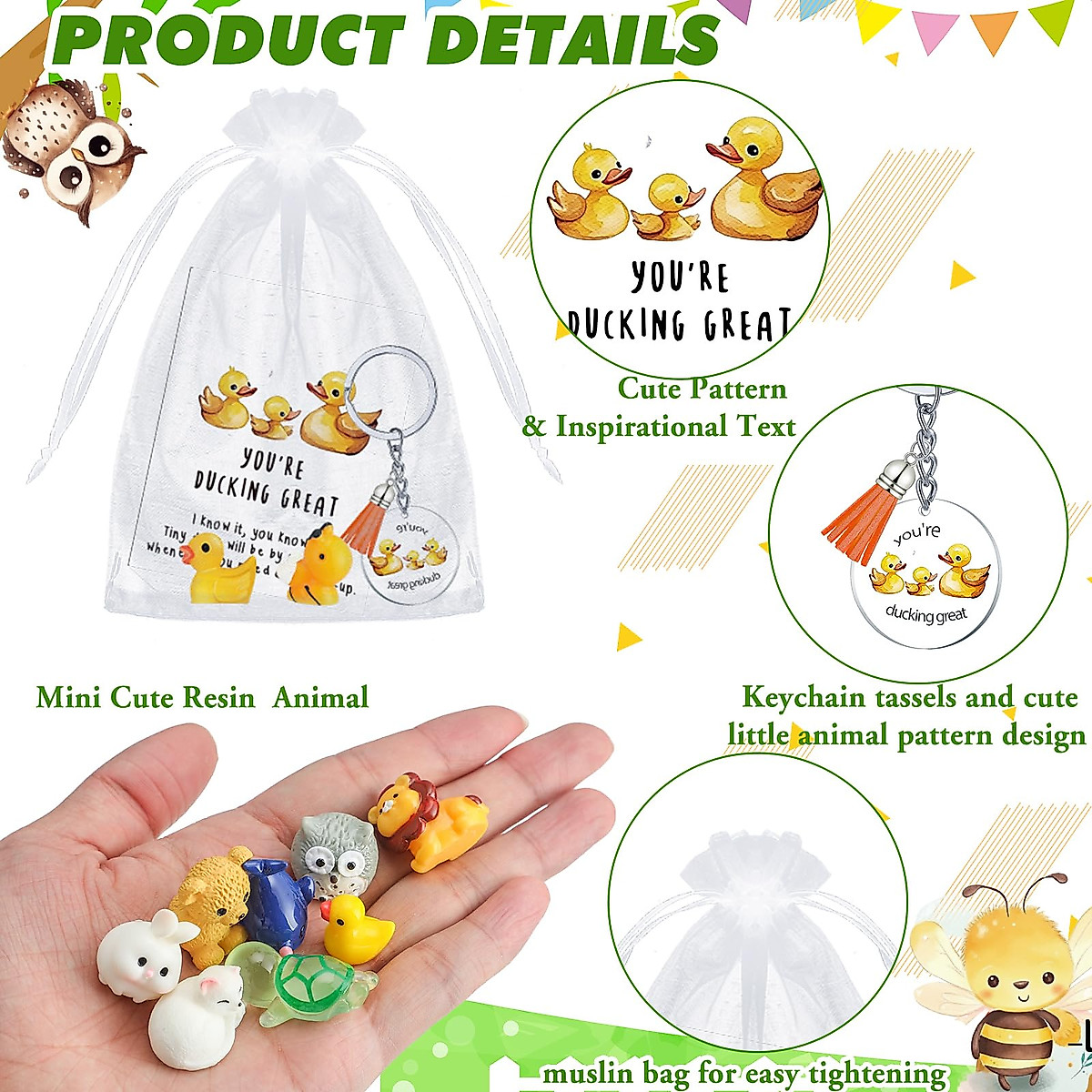 Geetery 120 Pcs Inspirational Gift Include Appreciation Animal Pun Thank You Note Cards Funny Resin Toys Motivational Keychain Organza Bags for Coworkers Family Nurse Friend Volunteer Pocket Favors
