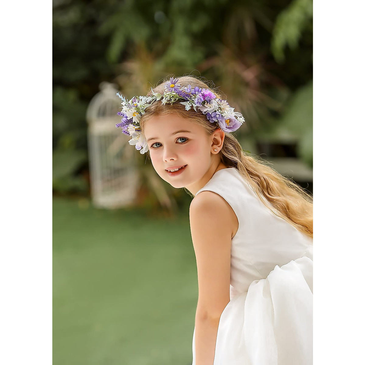 DreamLily Boho Wedding Floral Crown Woodland Fairy Crown Flower Girl rose Crown Hair Wreath with Tail DFS28 (Lavender)