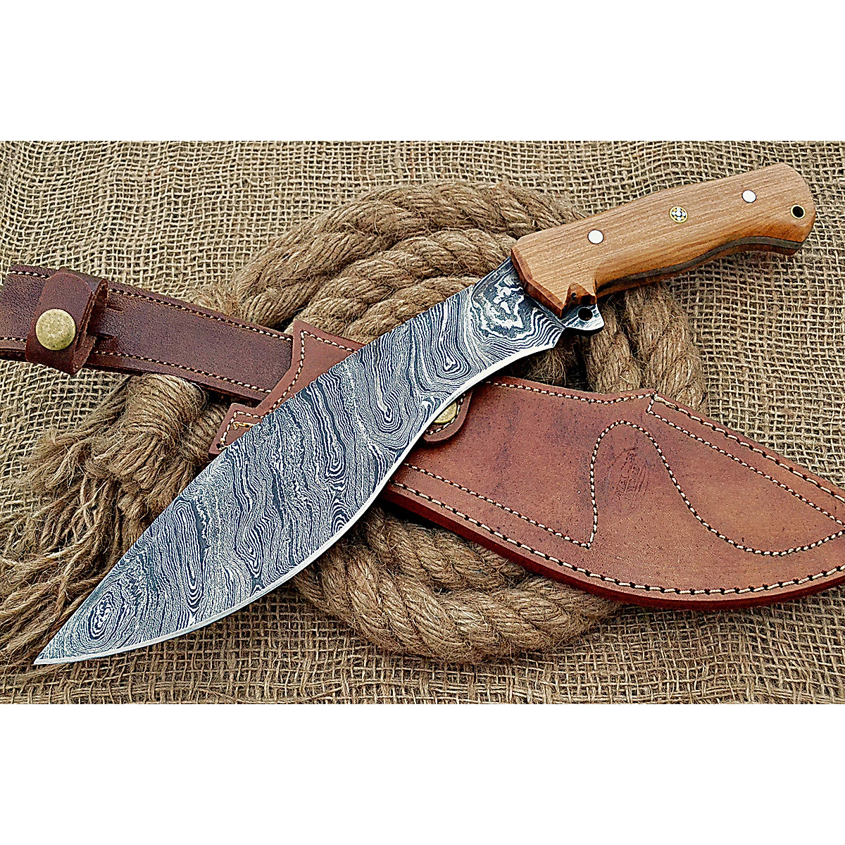 HUNTEX Handmade Hand-Forged Twist Pattern Damascus Steel 15 Inch Long Full Tang Natural Oak Wood Handle Razor Sharp Hunting Camping Kukri Knife w/Genuine Leather Sheath