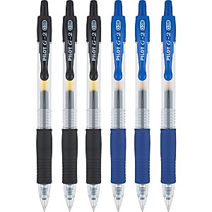Pilot G2 pens retractable Gel Roller ballpoint 0.38 pt Black & Blue Bundle, (Pack of 6)