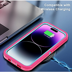 Annymall for iPhone 14 Pro Max Case with 2 Screen Protector, Heavy Duty Shockproof Drop Proof Military Rugged 3-Layer Tough Durable Protective Cover for Apple iPhone 14 Pro Max 6.7" (Pink/Blue)