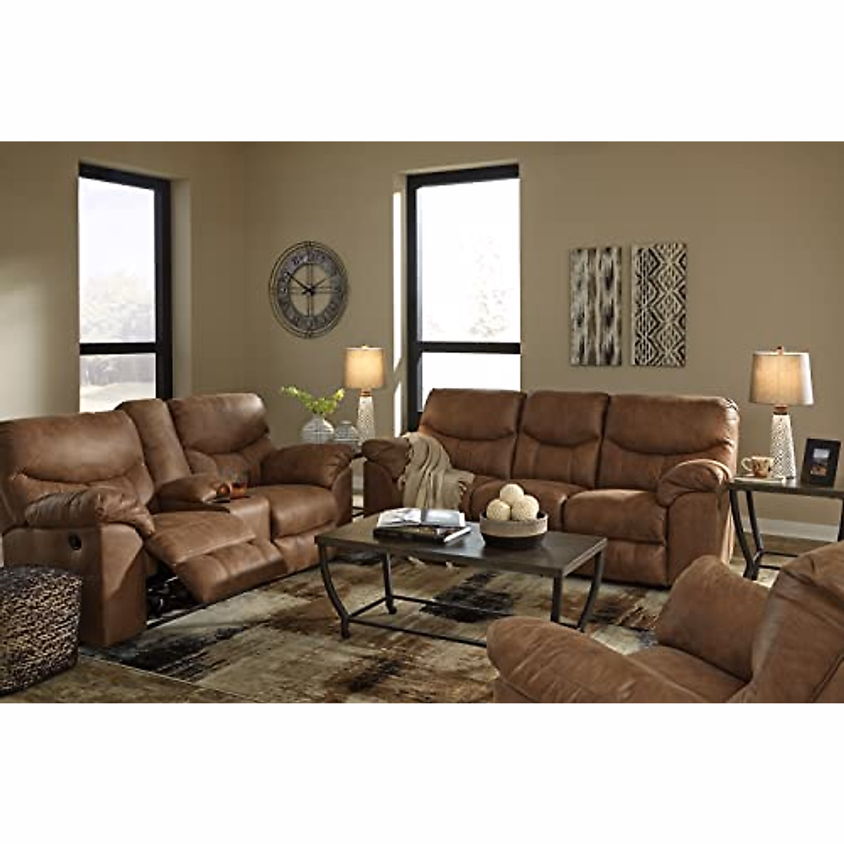 Signature Design by Ashley Boxberg Oversized Faux Leather Manual Double Reclining Loveseat with Center Console, Brown