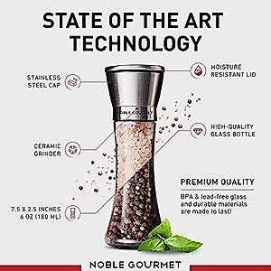 Salt & Pepper Grinder Set of 2 - Refillable Mills & Shakers - For Pink Himalayan & Sea Salt, Black Peppercorn, Spices - Stainless Steel, Large Glass - Adjustable Ceramic Coarse - Premium Gift Box Pack