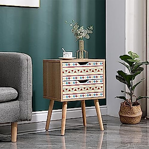 End Side Table Nightstand Set of 2, Night Stand with Drawers, Modern Bohemian Drawer Night Stand, Solid Wood Legs, for Sofa Side Table, Bedroom Bedside Table