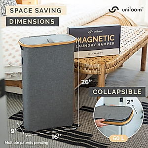 uniloom Slim Laundry Hamper with Lid & Bamboo Rim - 60L Waterproof Oxford Narrow Laundry Basket with Removable Bag & Long Handle - Sturdy Dirty Clothes Hamper with Lid & Magnetic Mesh Bag - Gray