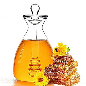 DOKIMIYA Honey Pot Glass Honey Dispenser Jar with Dipper and Lid Cover for Home Kitchen, Clear, 14 Ounces