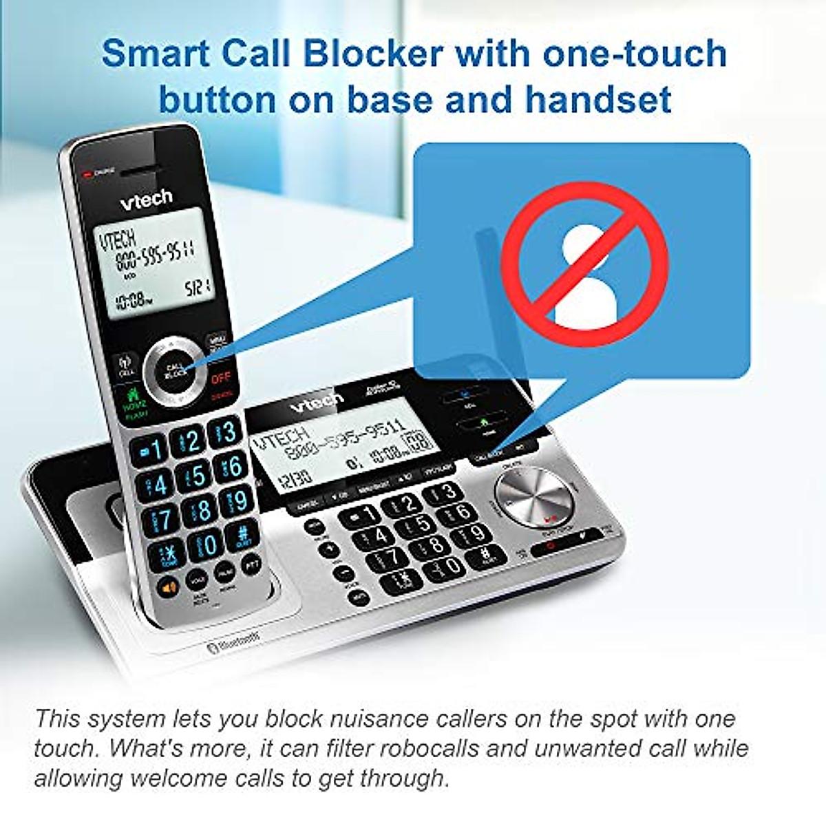 VTech VS113-5 Extended Range 5 Handset Cordless Phone for Home with Call Blocking, Connect to Cell Bluetooth, 2" Backlit Screen, Big Buttons, and Answering System, Silver & Black