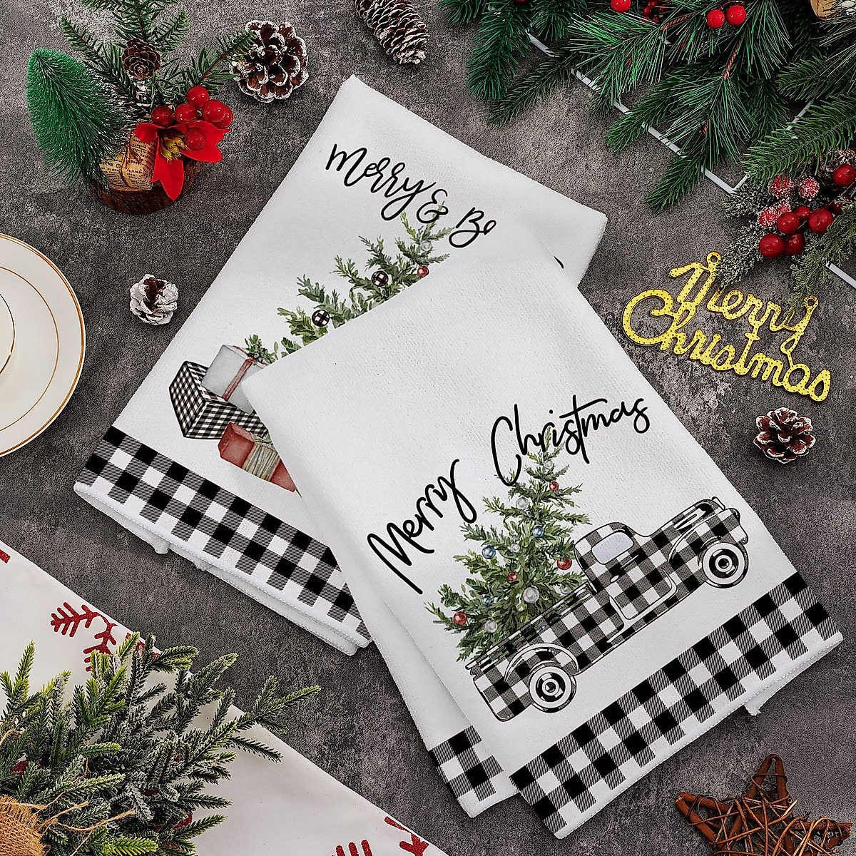Whaline Christmas Kitchen Towel Xmas Tree Truck Gift Box Dish Towel Watercolor White Black Buffalo Plaids Hand Drying Tea Towel for Cooking Baking, 4 Pack, 18 x 28 Inch