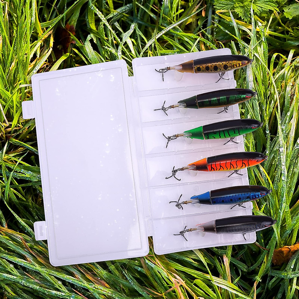 6Pcs Bass Fishing Lures, Whopper Popper Lure, Floating Surface Hard Swimbait with Rotating Tails, Lifelike Spinner Action Lures with Heavy Duty Hooks