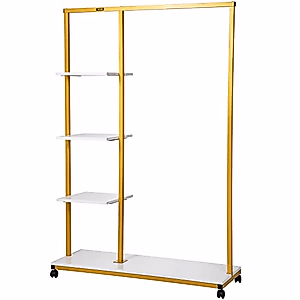 VEVOR Clothing Garment Rack, 39.4"x14.2"x59.1", Heavy-duty Clothes Rack w/Bottom Shelf & Extra 3 Side Shelves, 4 Swivel Casters, Rolling Clothes Organizer for Laundry Room Retail Store Boutique, Gold