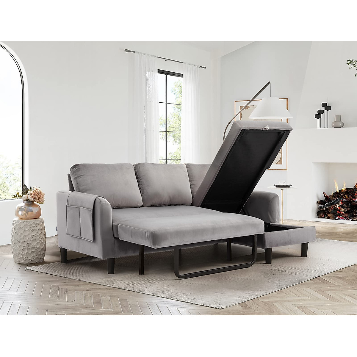Modern Velvet Pull Out Sleeper Sofa Bed with Chaise, Comfy L Shaped Convertible Couch with Storage and Pocket, Sectional 3 Seat Couch for Living Room Furniture or Office, Smooth Back - Light Gray