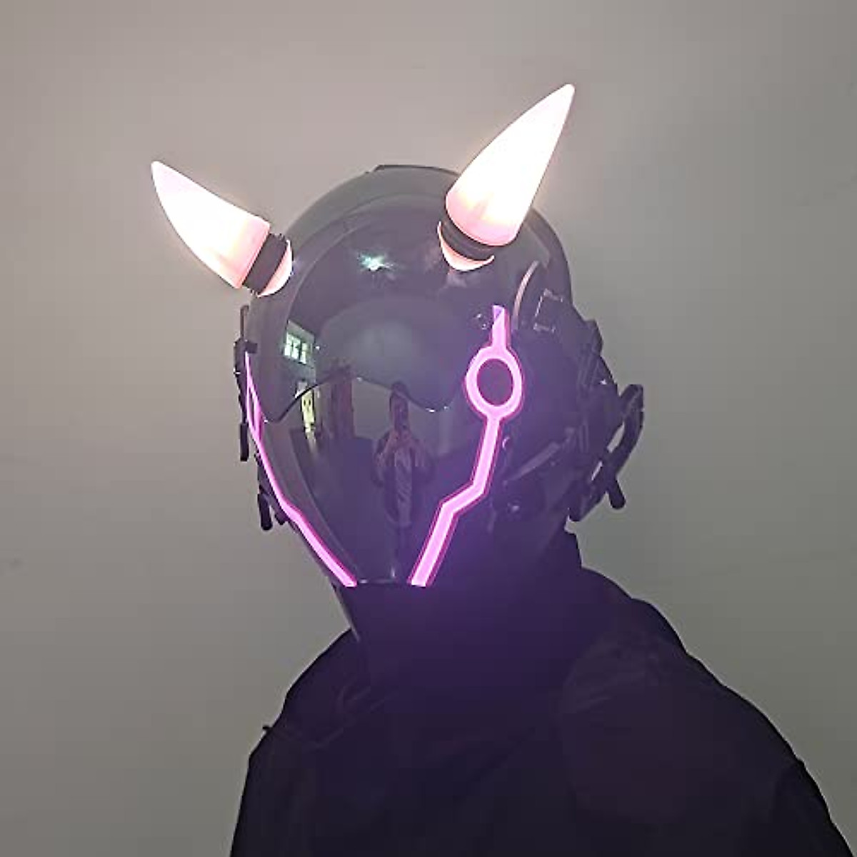 KYEDAY Punk Mask for Men, LED Ox horn Mask,Futuristic Punk Techwear, Cosplay Halloween Fit Party Music Festival Accessories (pink)