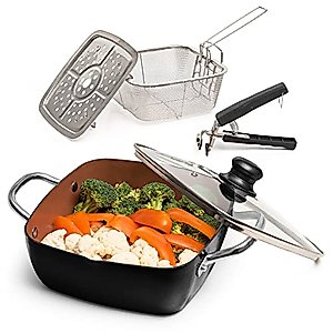 Moss & Stone Copper 5 Piece Set Chef Cookware, Non Stick Pan, Deep Square Pan, Fry Basket, Steamer Tray, Dishwasher & Oven Safe, 5 Quart Copper Pot Set, Black Induction Cookware Set