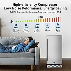 Tylza Beverage Refrigerator 15 Inch Wide, Mini Fridge Stainless Steel Under Counter Beverage Cooler, 130 Cans Beer Fridge with Built-in and Freestanding Beverage Fridge TYBC100SD