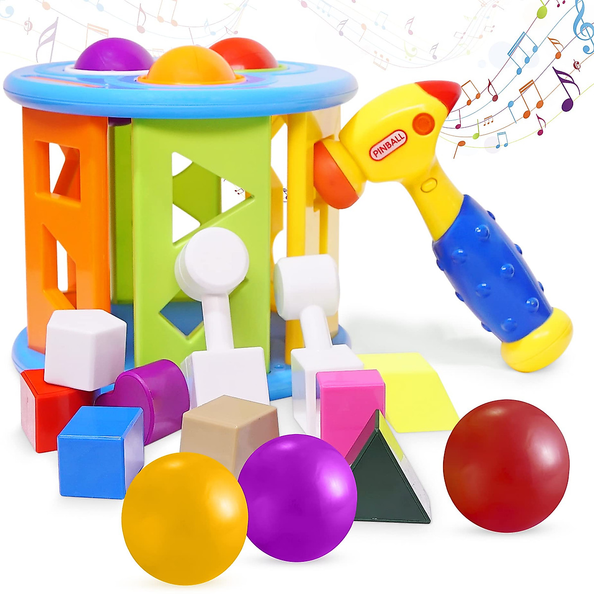 ODELA Match Roll Shape Sorter – Learning Toys with 10 Shaped Parts – Educational Toy with Three Balls and Musical Hammer – Help Your Kid Achieve Multiple Skills – Activity Cube Imagination Development