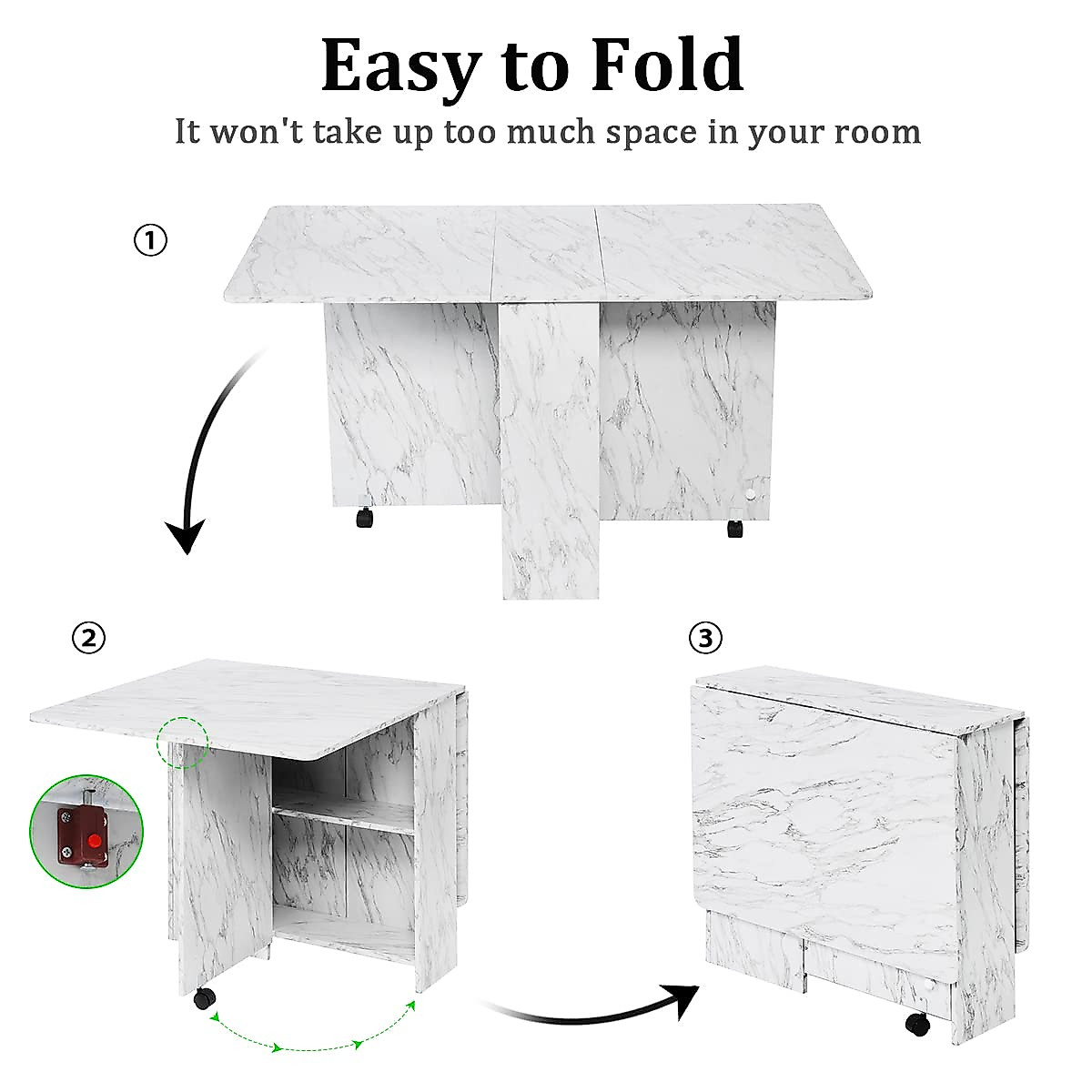 VANSPACE Folding Dining Table Drop Leaf Table for Small Spaces with Storage Racks Multifunction Space Saving Table Extension Dinner Table for Kitchen Bedroom Dining Room White Marble