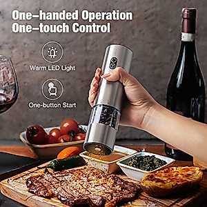 Gravity Electric Salt and Pepper Grinder Set, Automatic Upgraded Pepper and Salt Mill with Charging Base, Adjustable Coarseness and LED Light, One Hand Operation (Silver)