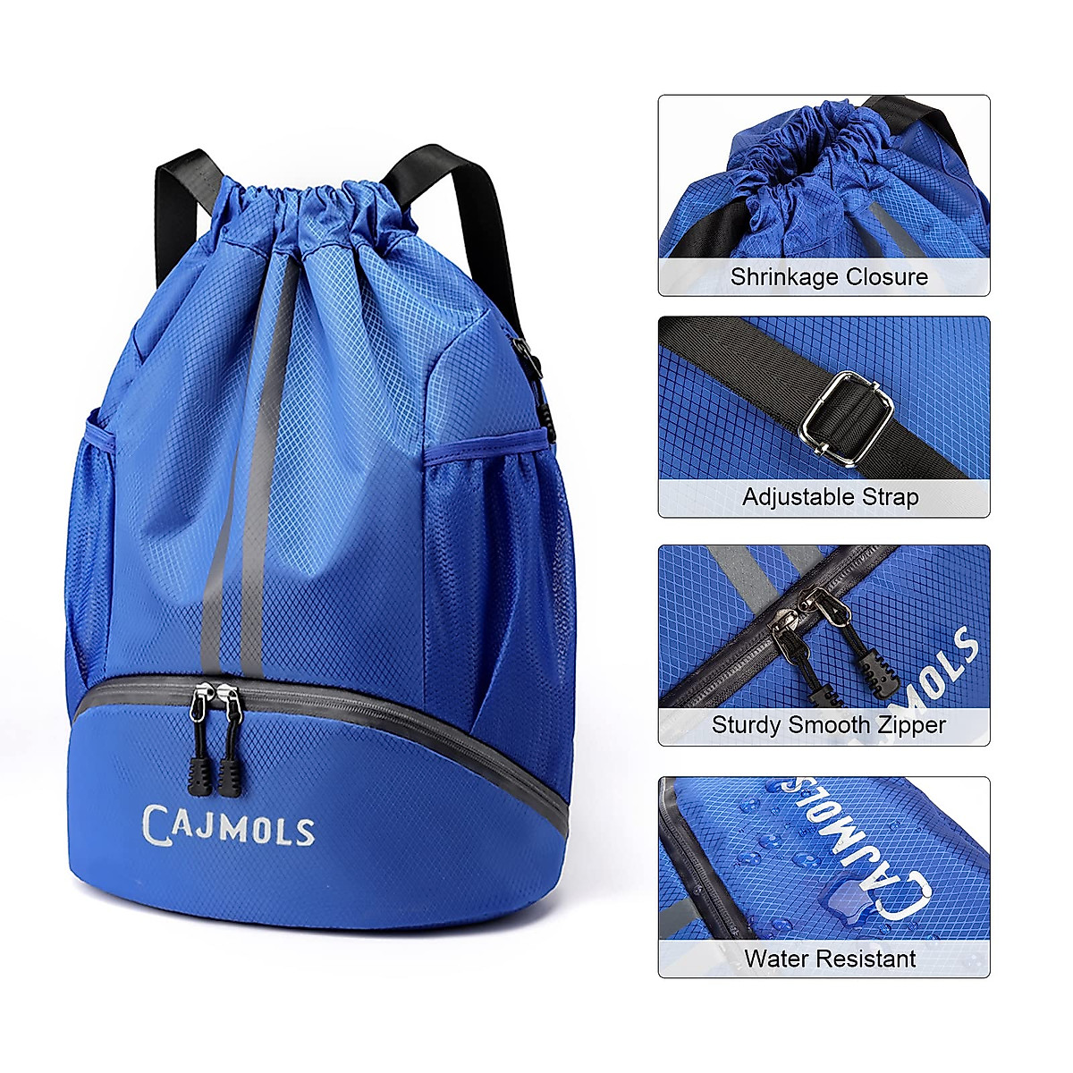 Cajmols Drawstring Backpack with Ball Compartment Water Resistant Sport Equipment Bag for Soccer Volleyball Baseball Softball Football Yoga Swimming (Q-Blue)