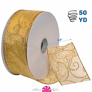 Morex Ribbon 7416.60/50-634 Swirl 2.5" X 50 YD Nylon Sheer Curling Wired Glitter Ribbon, Gold, Holiday Ribbons for Crafts and Christmas Decorations, Indoor Christmas Ribbon for Gift Wrapping
