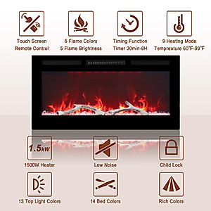36 Inch Electric Fireplace Recessed and Wall Mounted, LED Linear Fireplace with Remote Control Ultra-Thin and Low Noise 1500W Adjustable 6 Flame Options, Timer