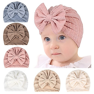 QandSweet 0-24 Months Newborn Girls' Hats Cotton and Linen Cap Infant Big Bow Hat Baby Shower (6 Pack)