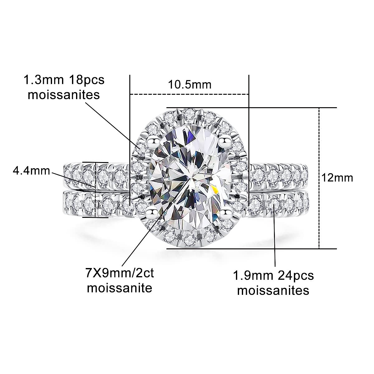 AnuClub 3ct Moissanite Engagement Rings Wedding Band D Color VVS1 Oval Cut 925 Sterling Silver Bridal Ring Sets, Christmas Gift for Women 7