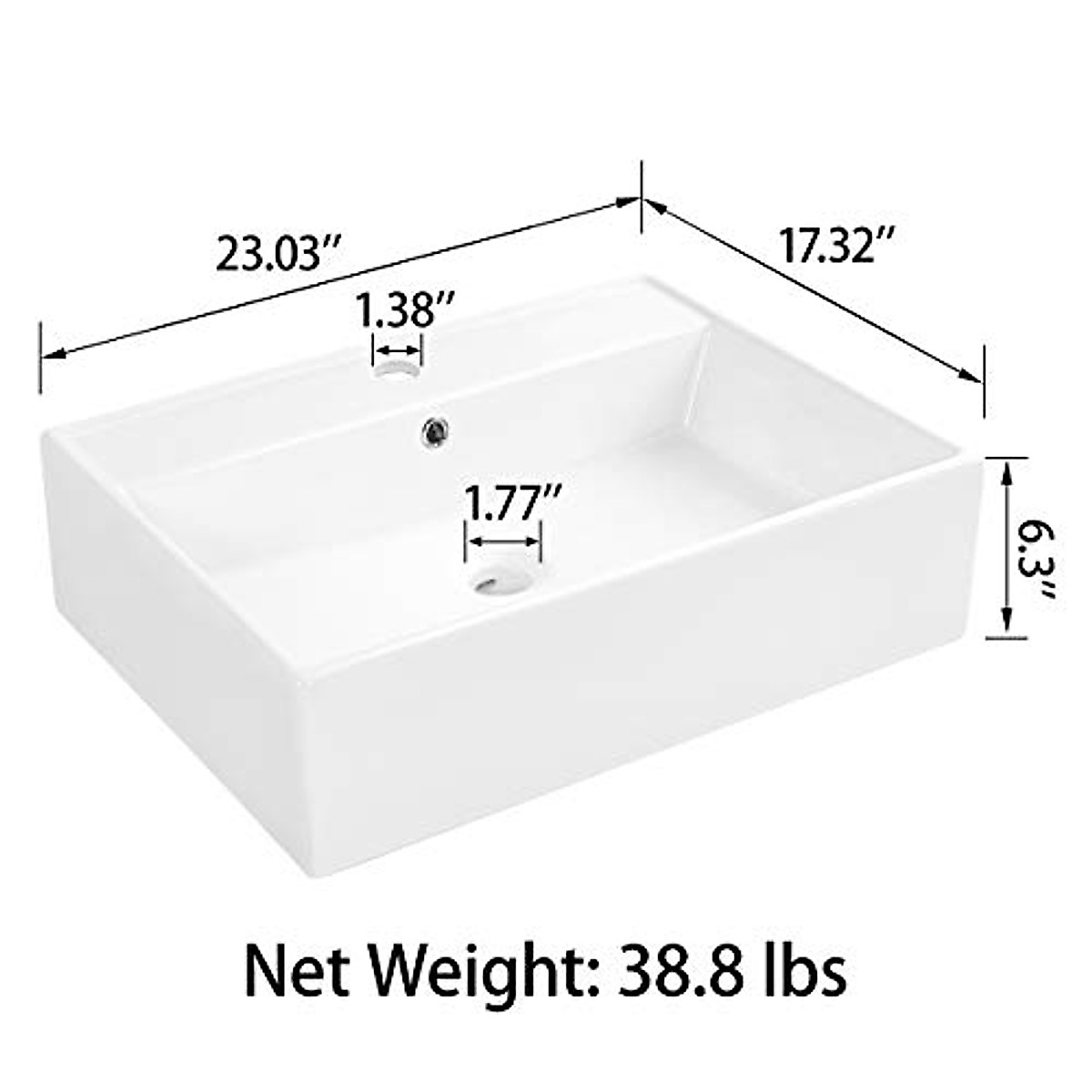 Sinber BVS2417A-OK 24" x 17" x 6.3" White Rectangular Ceramic Countertop Bathroom Vanity Vessel Sink