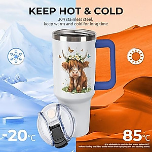 Cute Highland Cow with Flowers Insulated Tumbler with Lid And Straw Stainless Steel Travel Coffee Mug 40oz Deep Blue-style