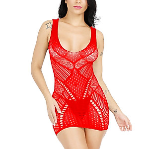 Woosifun Women Sexy Fishnet Lingerie V-Neck Babydoll Bodysuit Strapless Mesh Chemise Mini Dress One Size Red