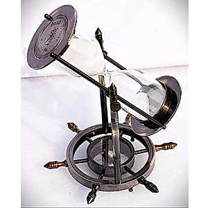 Nautical Maritime Black Antique Full Brass Sand Timer Hourglass with Wheel Compass Base Brass Antique Sand Timer Hourglass with Wheel Compass Base & Hanging Decor Item