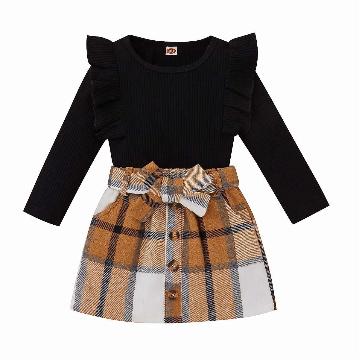 GOOCHEER Toddler Baby Girl Clothes Long Sleeves Top + Skirt Set Kids Toddler Girl Spring Fall Winter Outfit Clothing(Black Knit+Brown Plaid, 18-24 Months)