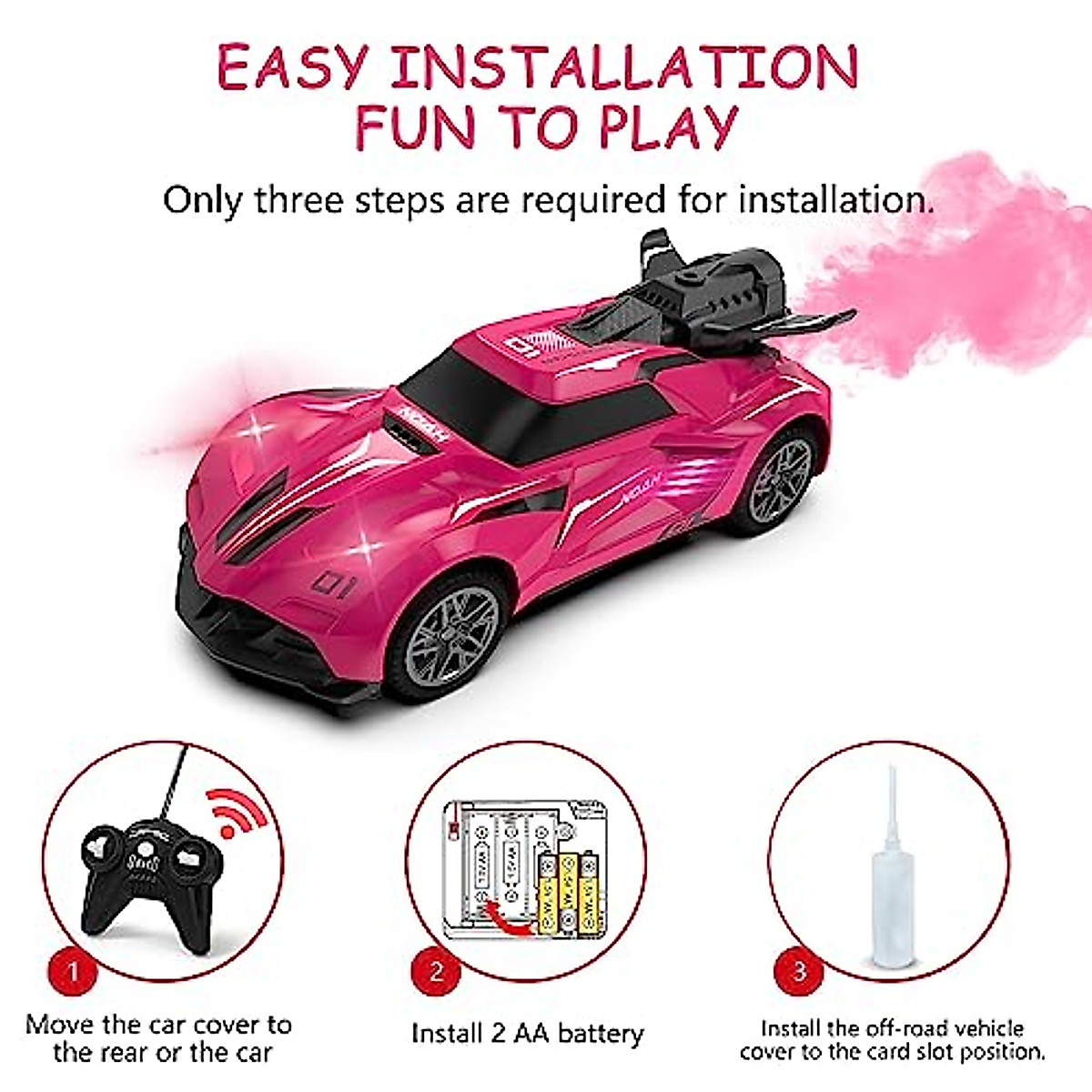 OLMURI Kids Remote Control Car, 1:24 RC Car Toys with Spray, 2.4Ghz LED Light Pink RC Drift Racing Car, Toys Car Gifts for Kis 6-12 and Girls