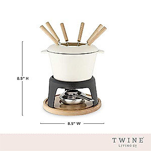 Twine Farmhouse Kitchen Enamel Cast Iron Fondue Set Cheese Melting Pot Metal Stand with Stainless Steel Forks and Chrome Gel Burner, 8.5", Off-Cream